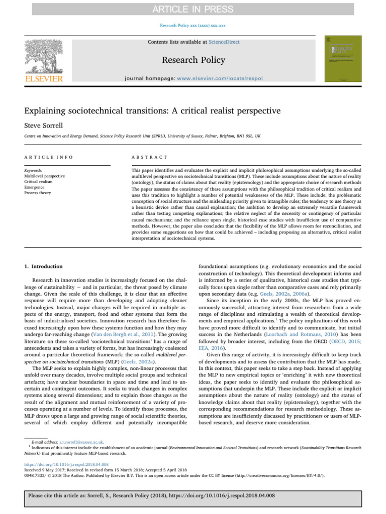 Explaining Sociotechnical Transitions | PDF | Reality | Causality