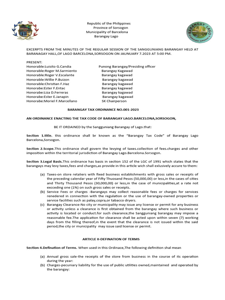 BARANGAY ORDINANCE LAGO | PDF | Taxes | Fee