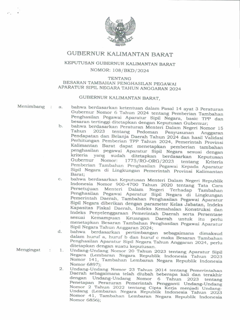 KepGub Kalbar 108-BKD-2024 Tentang Besaran TPP ASN Anggaran 2024 | PDF