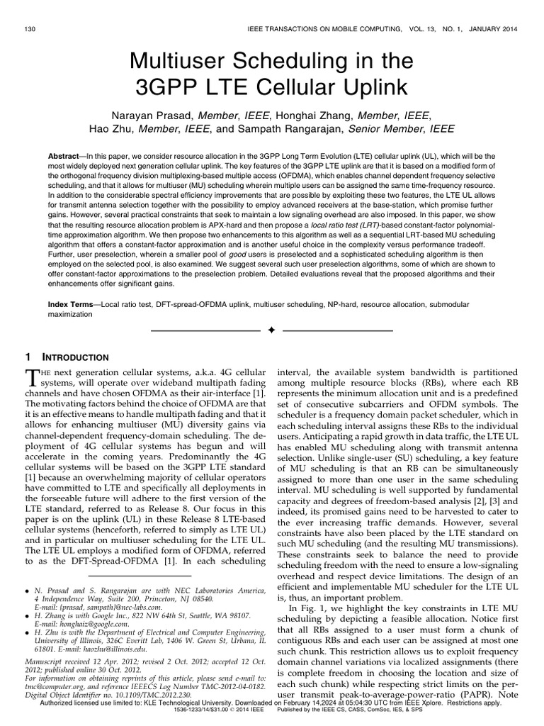 Multiuser Scheduling in The 3GPP LTE Cellular Uplink | PDF | 4 G | Cellular Network
