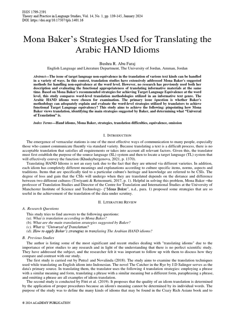 Mona Baker’s Strategies Used for Translating the Arabic HAND Idioms | PDF | Translations | Idiom