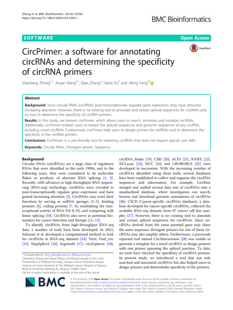 CircPrimer A Software For Annotating circRNAs and Determining The Specificity of cicRNA Primers ...