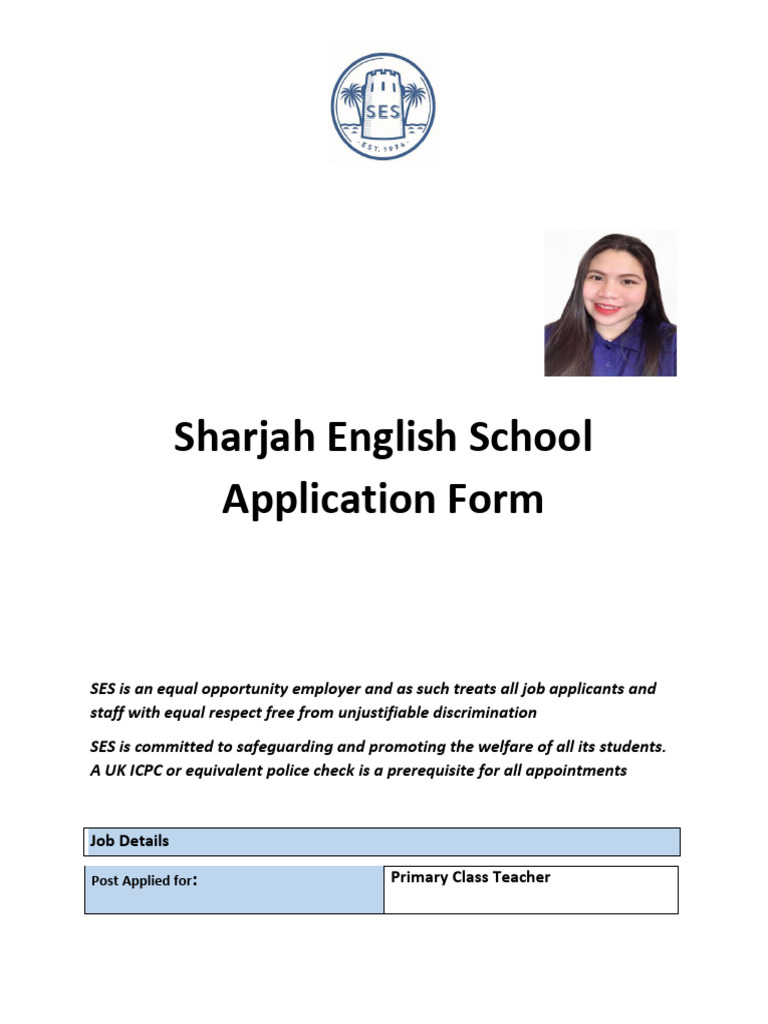 Sharjah English School Teacher Application Form | PDF