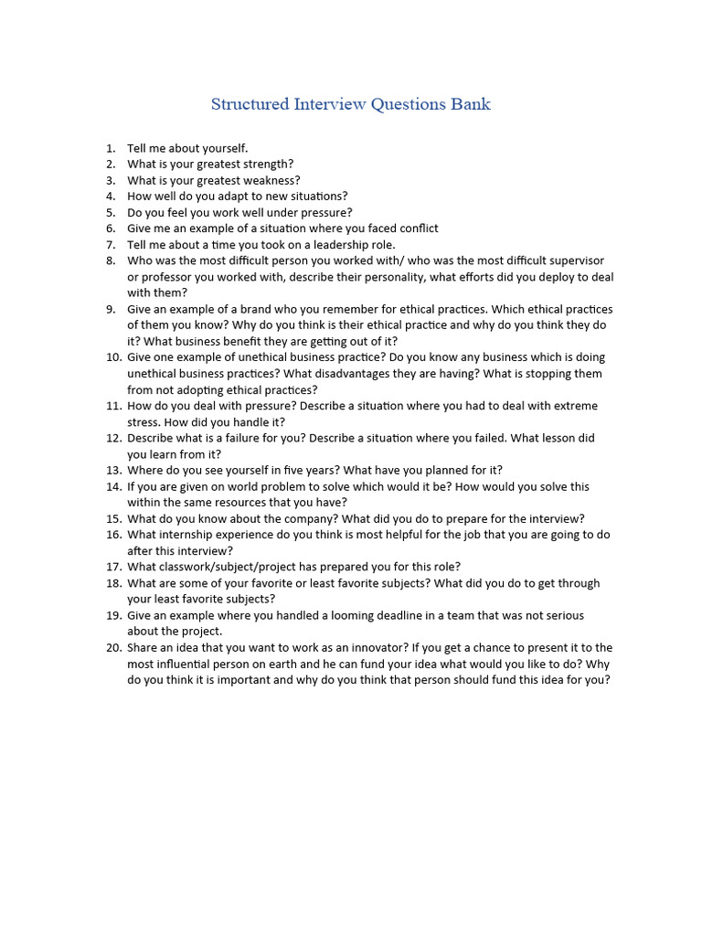 Structured Interview Questions Bank | PDF