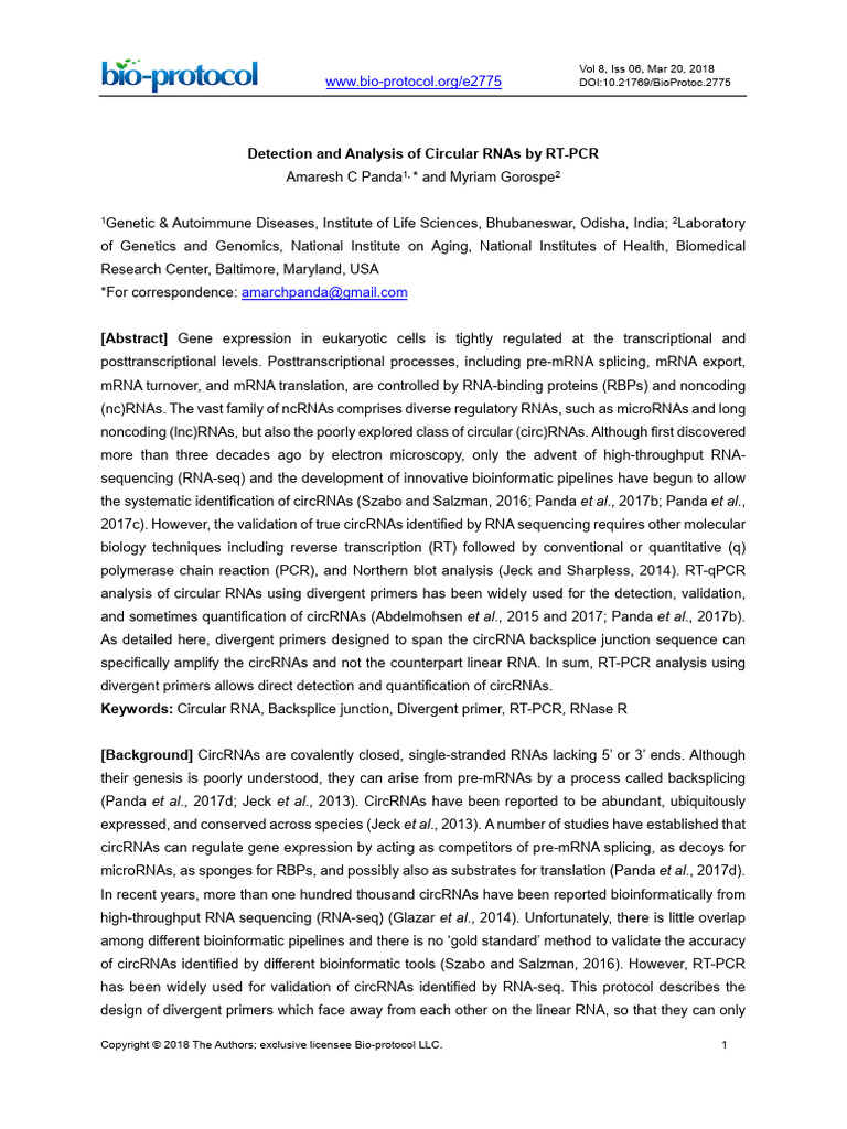 Detection and Analysis of Circular RNAs by RT-PCR | PDF | Reverse ...