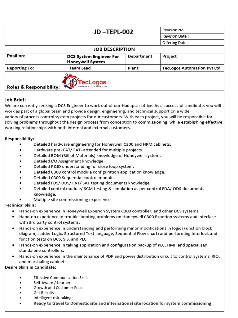 JD For DCS Engineer | PDF | Programmable Logic Controller | Engineering