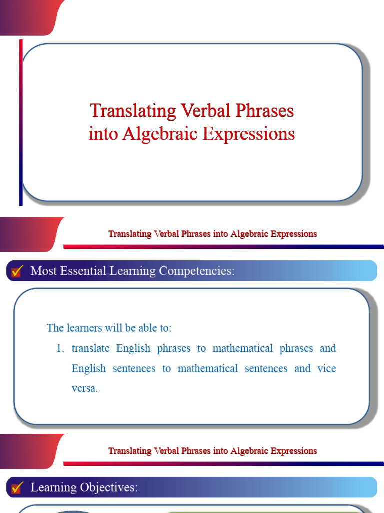 Translate Verbal Phrases to Algebra | PDF | Inequality (Mathematics ...