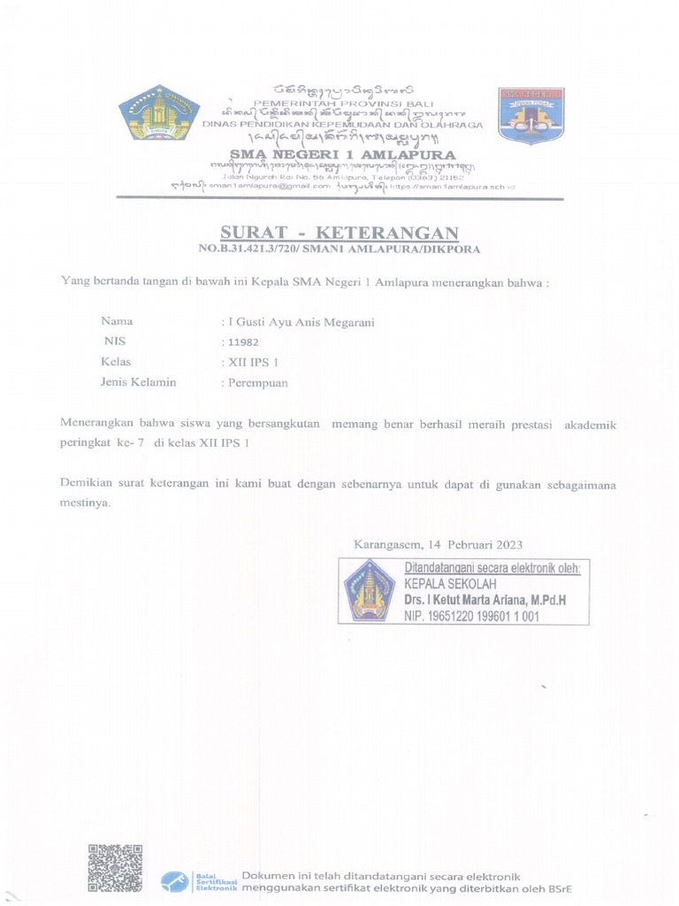 Surat Peringkat Kelas - I Gusti Ayu Anis Megarani | PDF