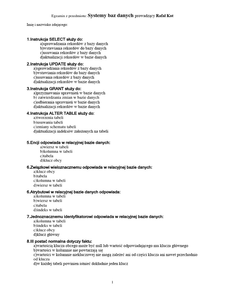 Egzamin Administracja Bazami Danych | PDF