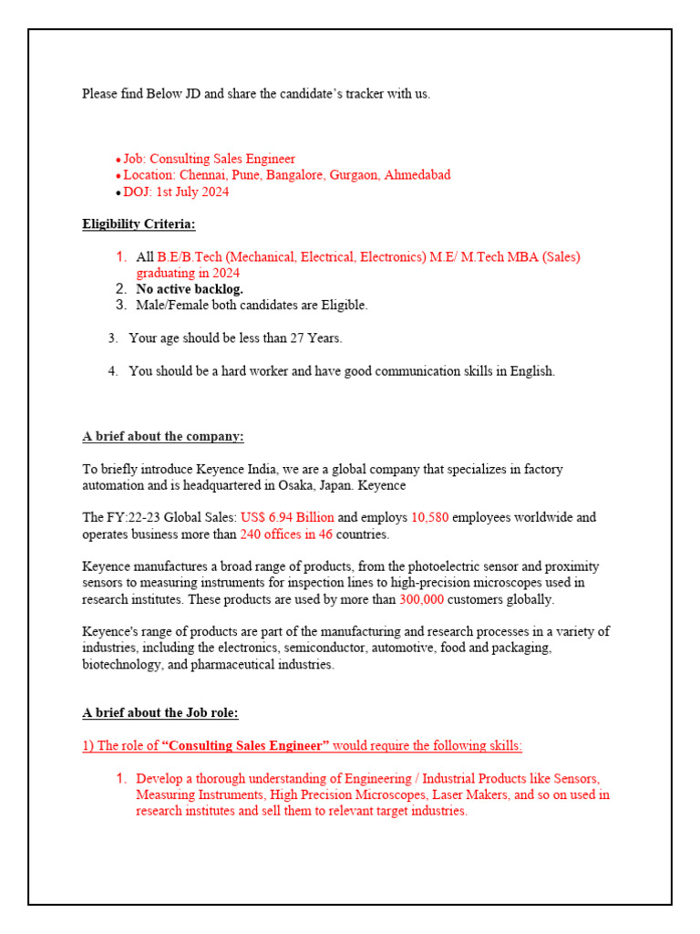 Keyence Consulting Sales Engineer JD | PDF | Engineering | Business