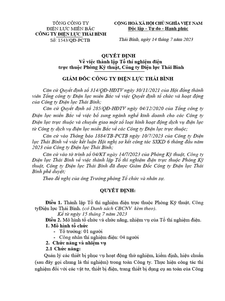 1. QĐ thanh lạp Tổ thí nghiệm Điện thuộc P4 -PCTB T7-2023 | PDF