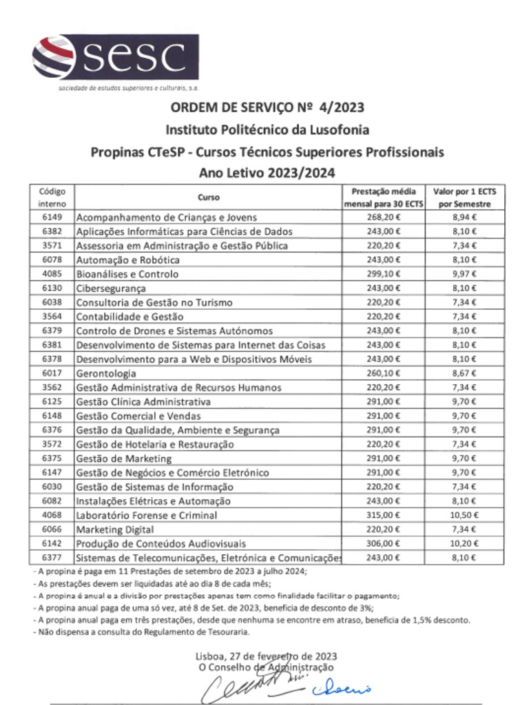 Os Sesc 2023 004 Propinas CTSP | PDF