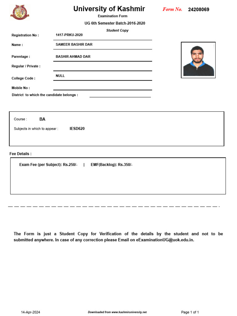 Kashmir University Exam Form | PDF