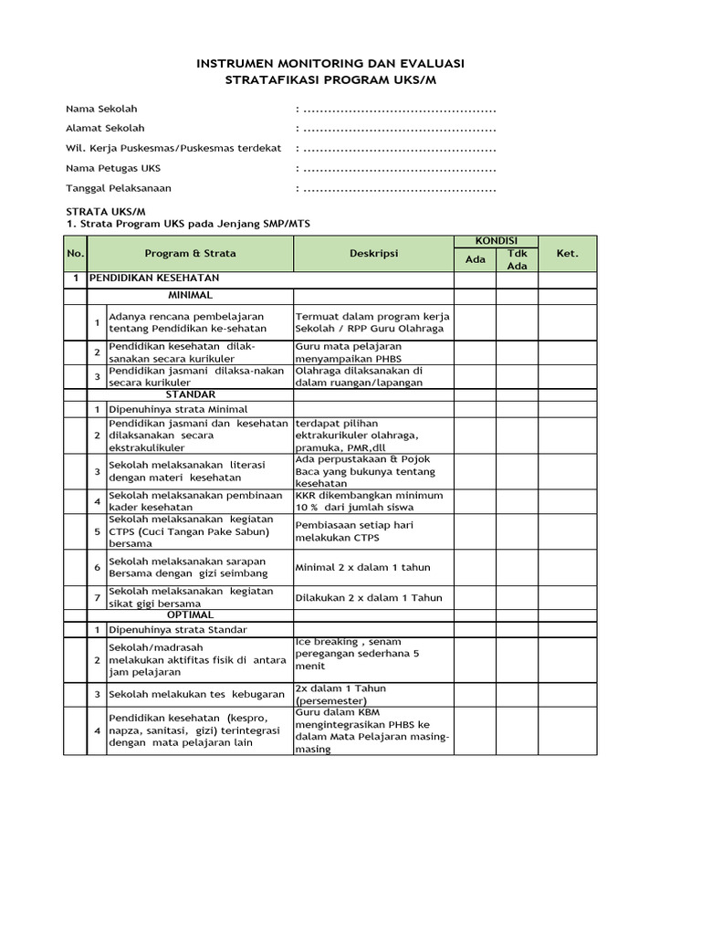 Instrumen - Monev - UKS - SMP - 2023-1 | PDF | Kesehatan Holistik | Sains & Matematika