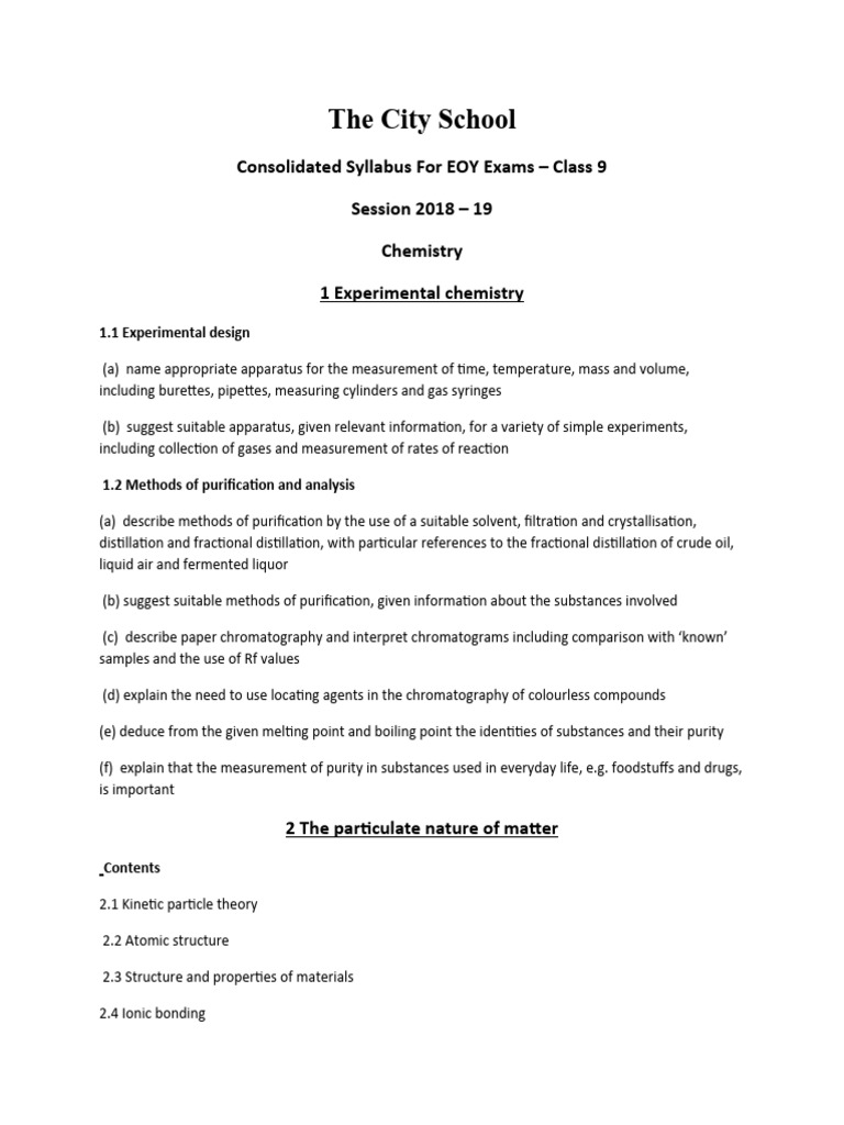 Chemistry Syllabus Class 9 2018 - 19 Eoy | PDF | Acid | Salt (Chemistry)