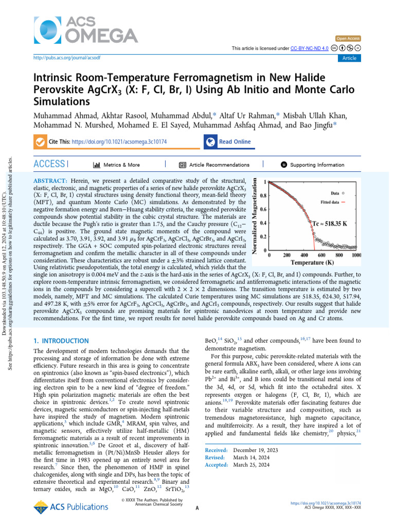 Ahmad Et Al 2024 Intrinsic Room Temperature Ferromagnetism in New Halide Perovskite Agcrx3 (X F ...