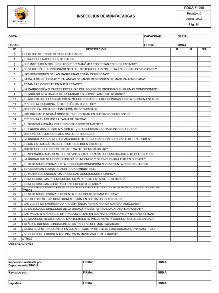 Inspeccion de Montacargas | PDF | Vehículos Inspeccion de Montacargas | PDF | Vehículos