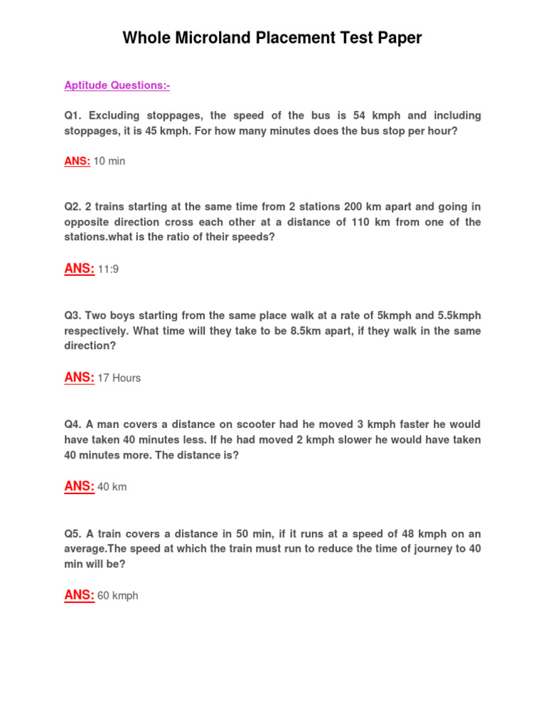 Microland Placement Test: Aptitude & Technical Questions | PDF | Hard ...