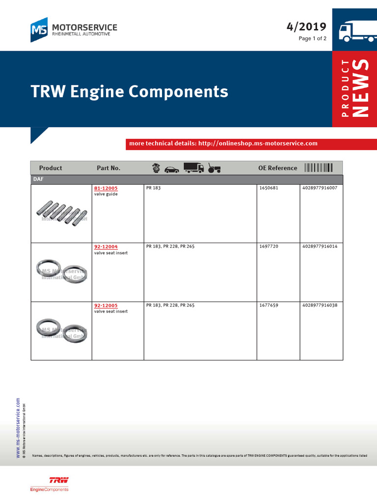 TRW Engine Components Catalogue 2019 | PDF | Engines | Internal ...