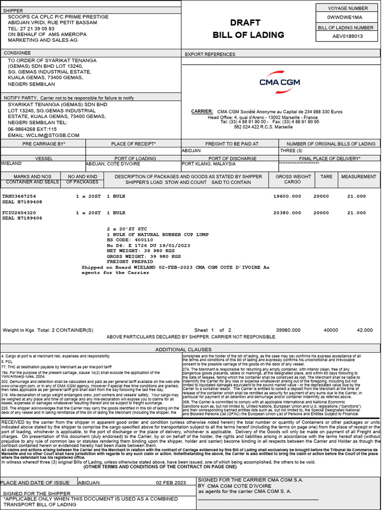 Draft CDM026-22 FMK 02 TCS-1 | PDF | Bill Of Lading | Cargo