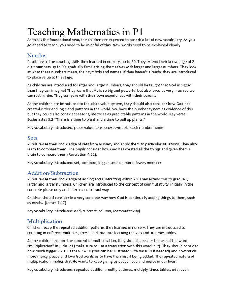 P1 Maths Curriculum With Teaching Ideas | PDF | Multiplication | Vocabulary