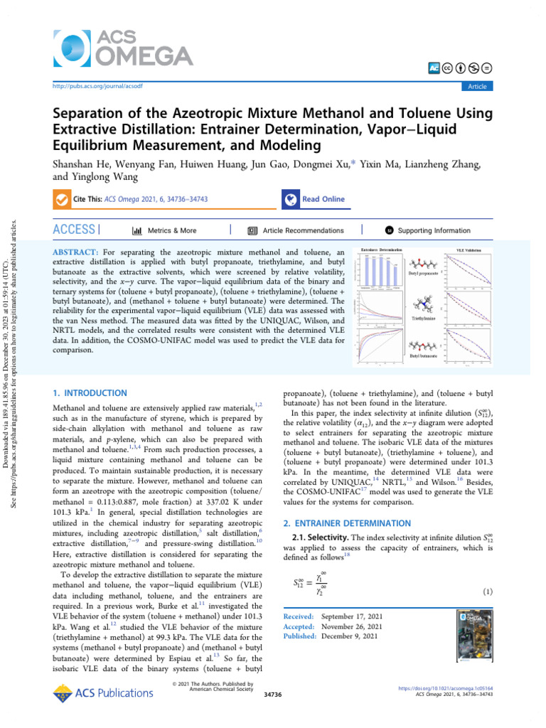 Extractive Distillation of Methanol-Toluene | PDF | Gas Chromatography | Distillation