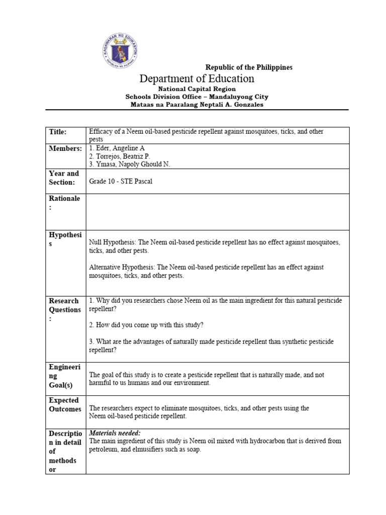 Research Plan Format 1 Pdf Pesticide Pest Organism