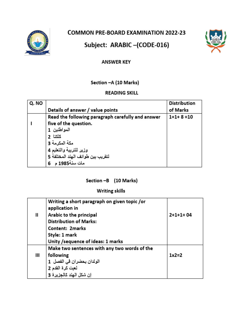 4.Arabic-Class X - CPBE 2023 MS | PDF