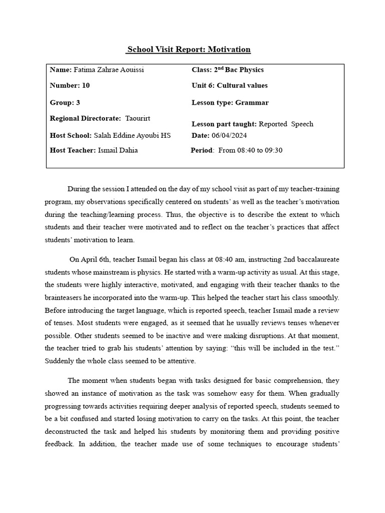 School Visit Report: Motivation | PDF | Teachers | Motivation