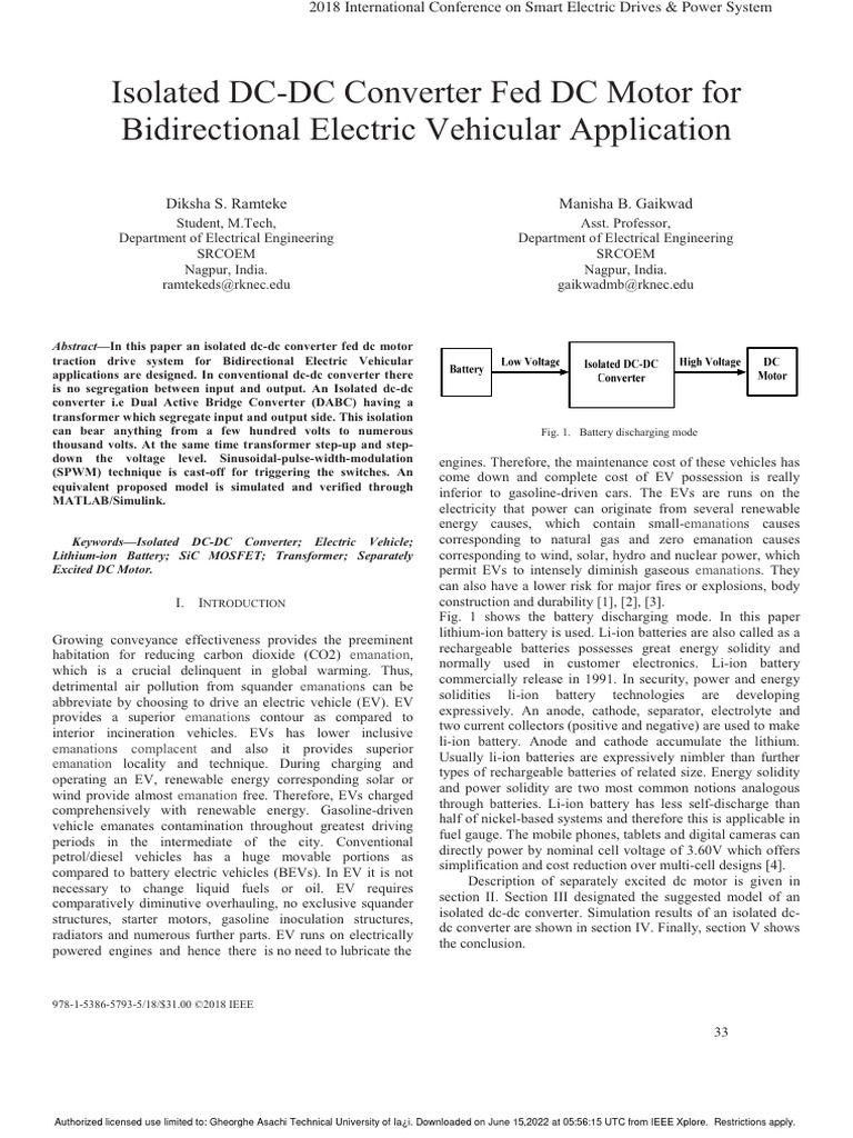 Isolated DC-DC Converter Fed DC Motor For Bidirectional Electric Vehicular Application | PDF ...