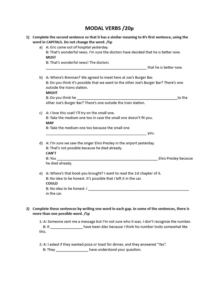 Modal Verbs: Exercises and Usage | PDF | Morphology | Language Mechanics