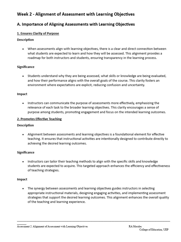 WEEK 2 Alignment of Assessment With Learning Objectives | PDF ...