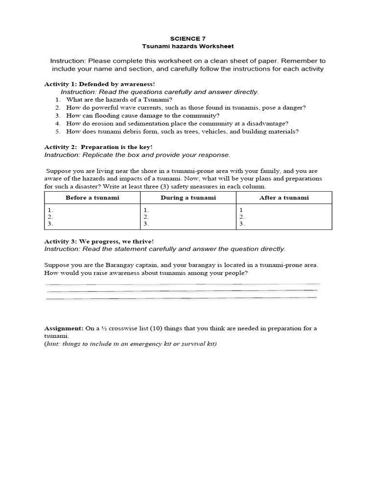 G7 Worksheet Tsunami Hazards | PDF | Language Arts & Discipline ...