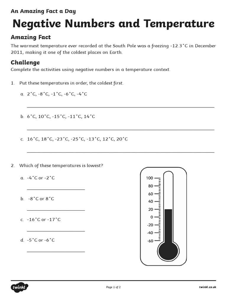 Negative Numbers in Temperature Activities | PDF | Temperature | South Pole