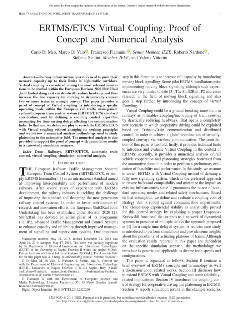 Flammini - ERTMS-ETCS Virtual Coupling Proof of Concept and Numerical Analysis - IEEETITSVC ...