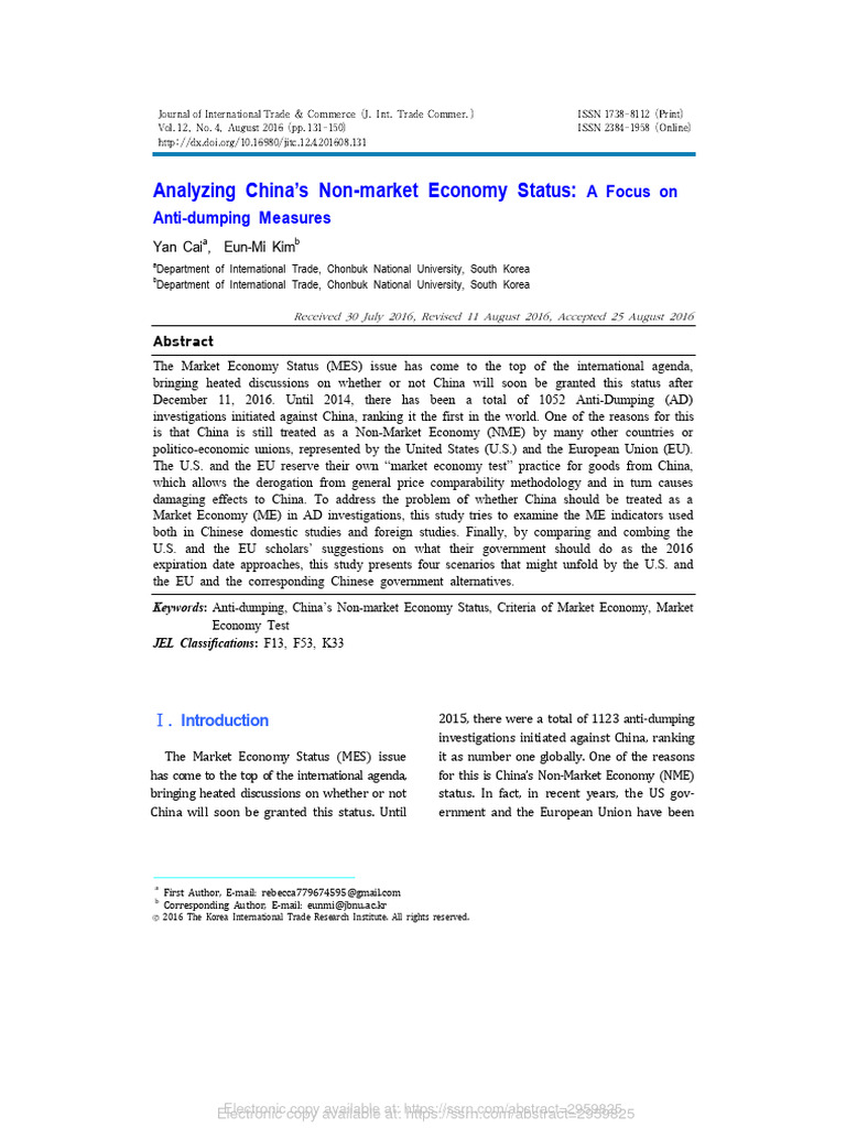 China's Non-Market Economy Status (2016) | PDF | Dumping (Pricing ...