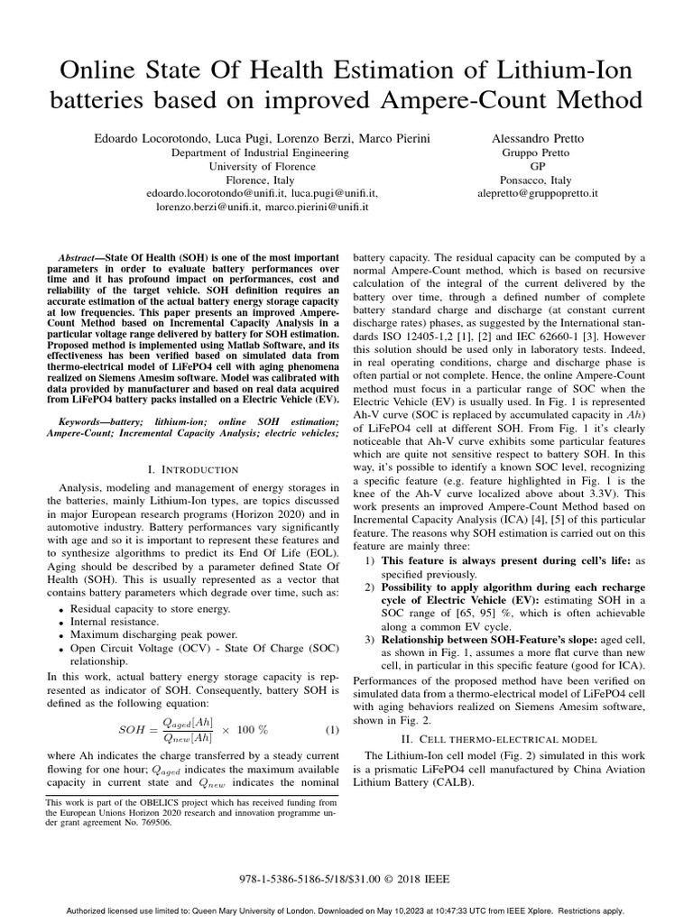 Online State Of Health Estimation Of Lithium Ion Batteries Based On