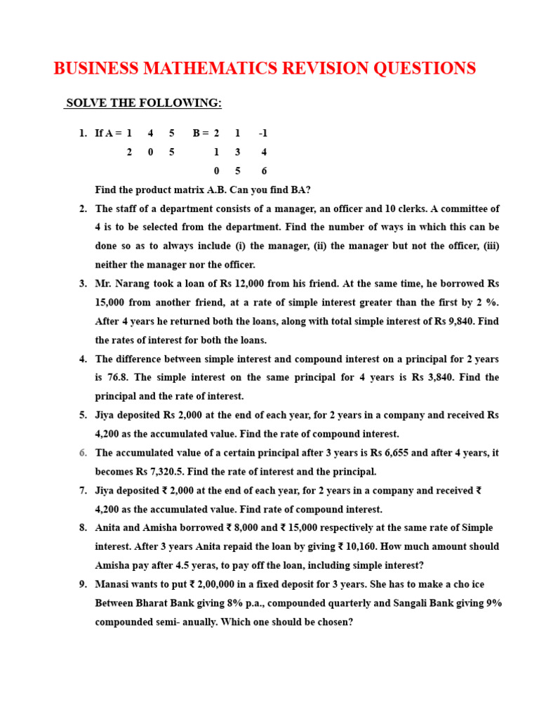 Business Mathematics Revision Questions | PDF | Interest | Compound ...