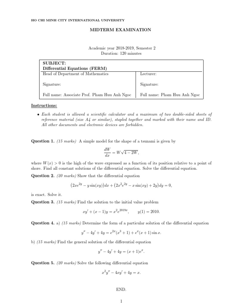 2018 19 S2 Midterm DEqs Ferm Final | PDF | Ordinary Differential ...