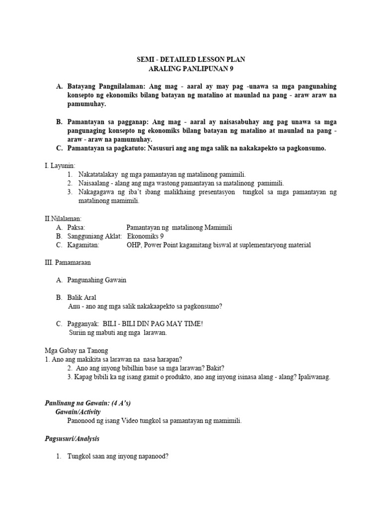 Detailed Lesson Plan Araling Panlipunan 9 Pagkonsumo | PDF