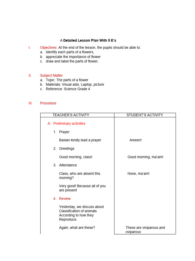Detailed Lesson Plan Sciences 110804 | PDF | Flowers | Plant Morphology