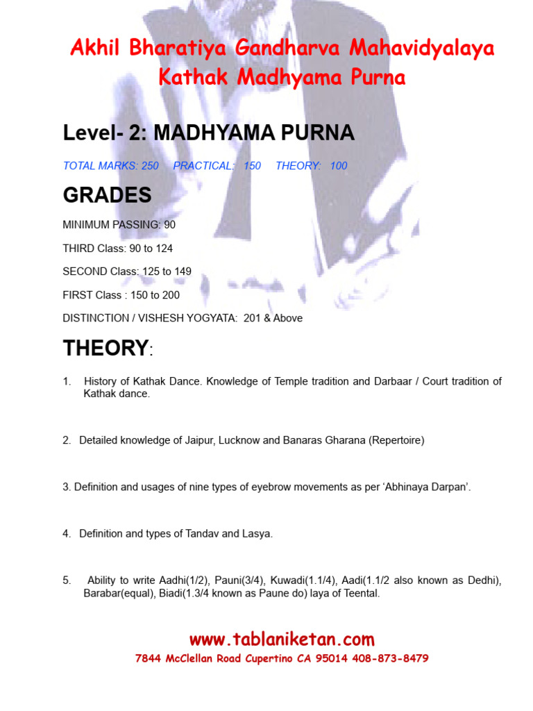 Madhyama Purna Kathak Syllabus | PDF | Classical And Art Music Traditions