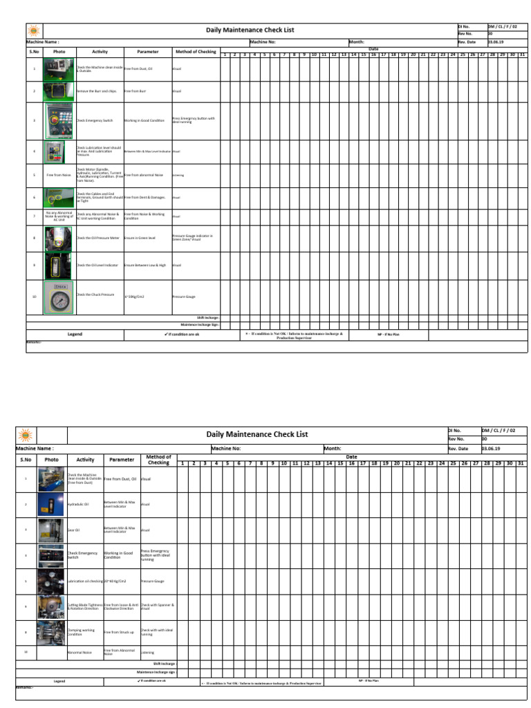 Daily maintenance check sheet | PDF | Manufactured Goods | Mechanical ...