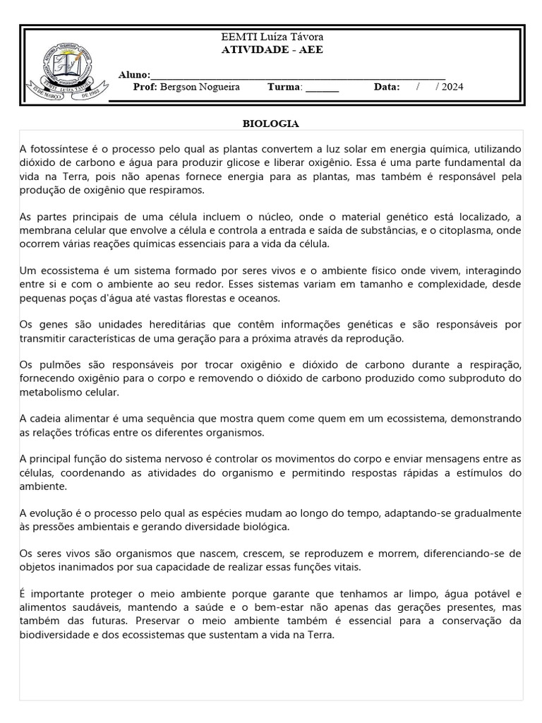 Atividade de Biologia | PDF | Ambiente natural | Organismos