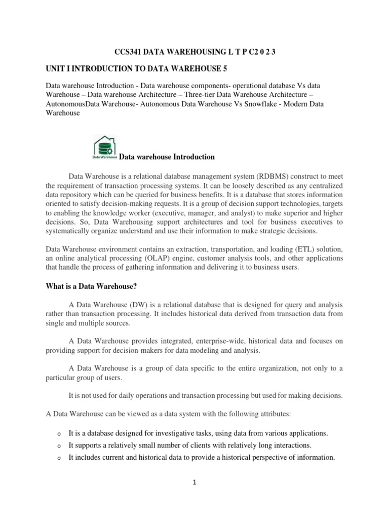 DW Unit1 | Download Free PDF | Data Warehouse | Databases
