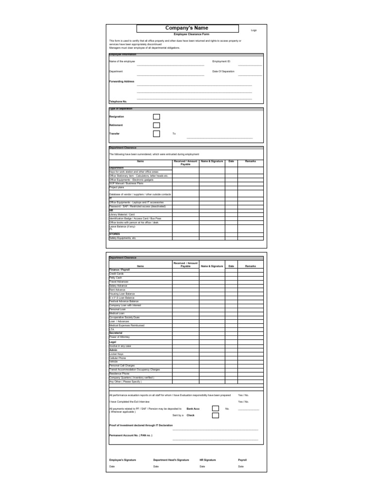 Emp Clearance Form | PDF | Employment | Payroll