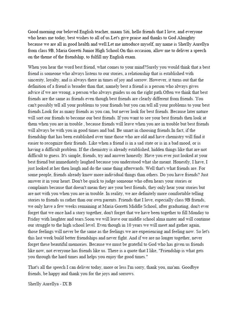 Speech Friendship Ujian Praktek Kelas 9 (Sherlly) | PDF | Laughter