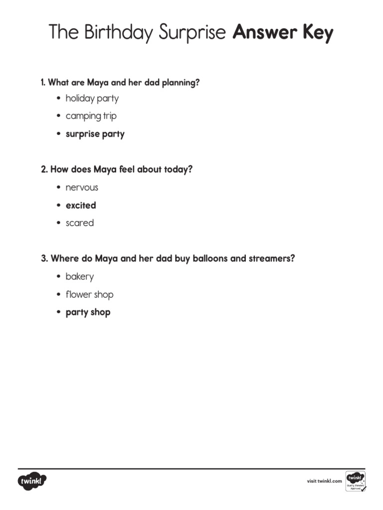 Answer Key Kindergarten The Birthday Surprise Reading Passage ...
