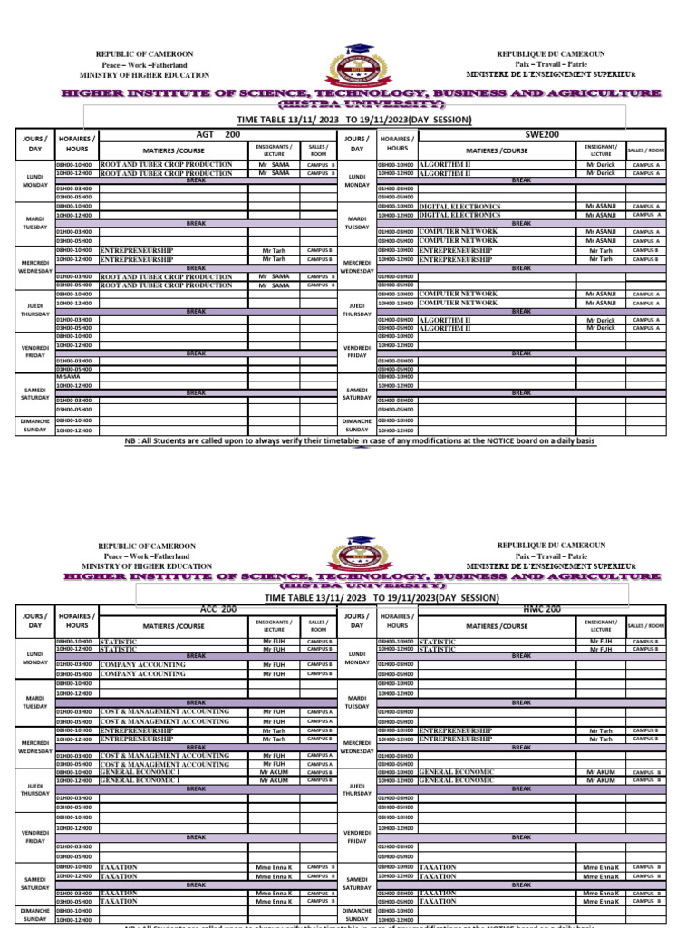 Weekly Class Schedule: Nov 13-19, 2023 | PDF
