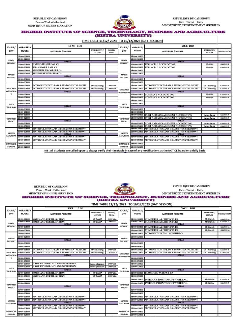 Timetable 11 Dec To 16 Dec 23 HND 100 Bustec I | PDF | Business ...